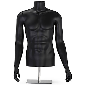 Displays2go Headless Male Torso Mannequin with Metal Base, Removable Arms - Matte Black (SMMMATBA)