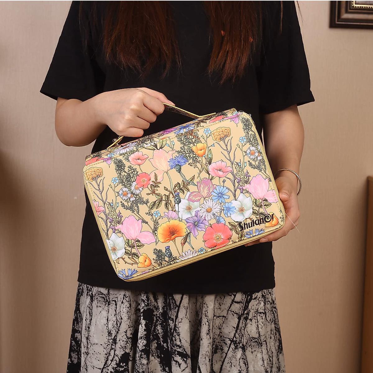 Shulaner 250 Slots Colored Pencil Case Organizer with Zipper Large Capacity Pen Holder Bag for Artist Yellow Flower