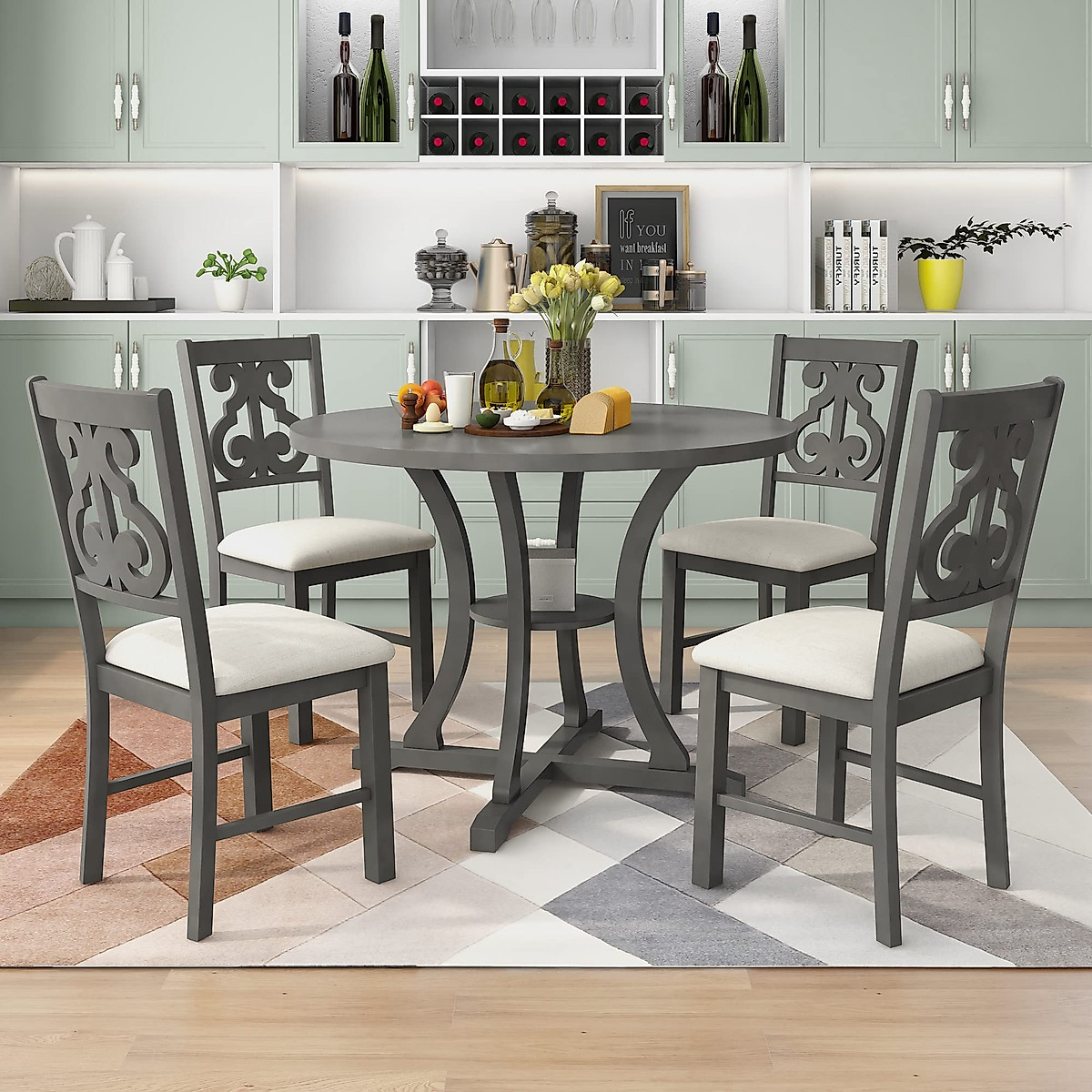 5 Piece Kitchen Table Set with Storage Shelf and Special-Shaped Legs, Retro Style Round Dining Table Set with Hollow Chair Back, Gray