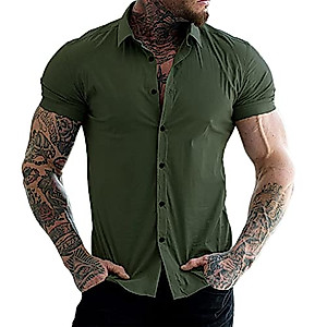 Men's Muscle Dress Shirts Short Sleeve Casual Athletic Fit Button Down Shirt Green