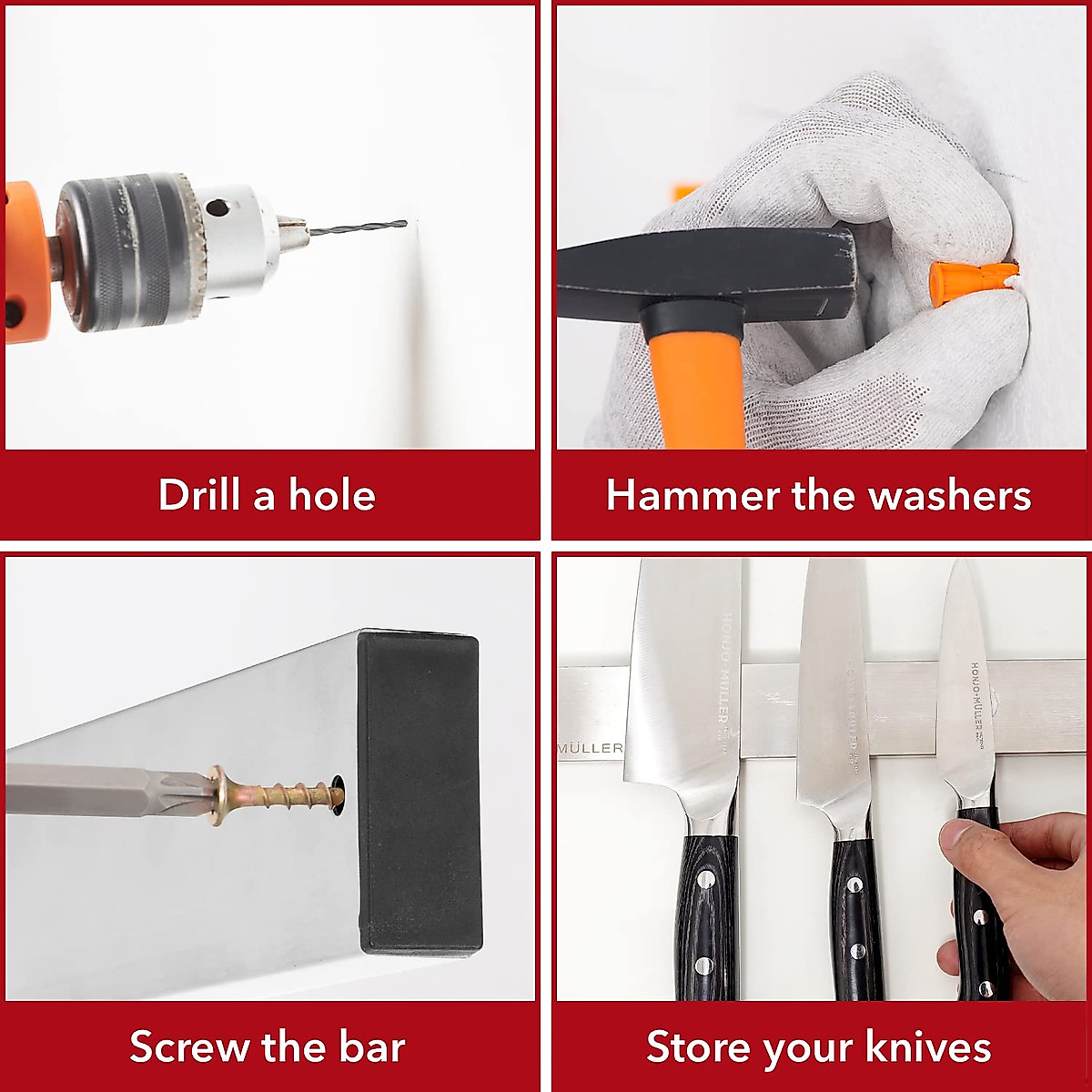 HONJO-MULLER Magnetic Knife Holder for Wall - 12 Inch Steel Knife Magnetic Strip | Home Kitchen Utensil Organizer for Easy Storage | Strong Magnet Strip for Knives and Utensils, Easy to Install