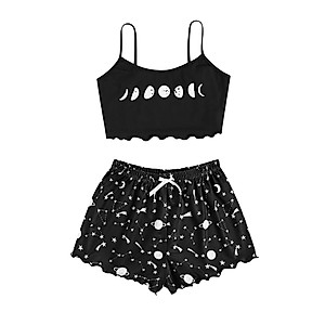 SOLY HUX Women's Cartoon Print Lettuce Trim Cami Top and Shorts Cute Pajama Set Sleepwear Black Star Moon M