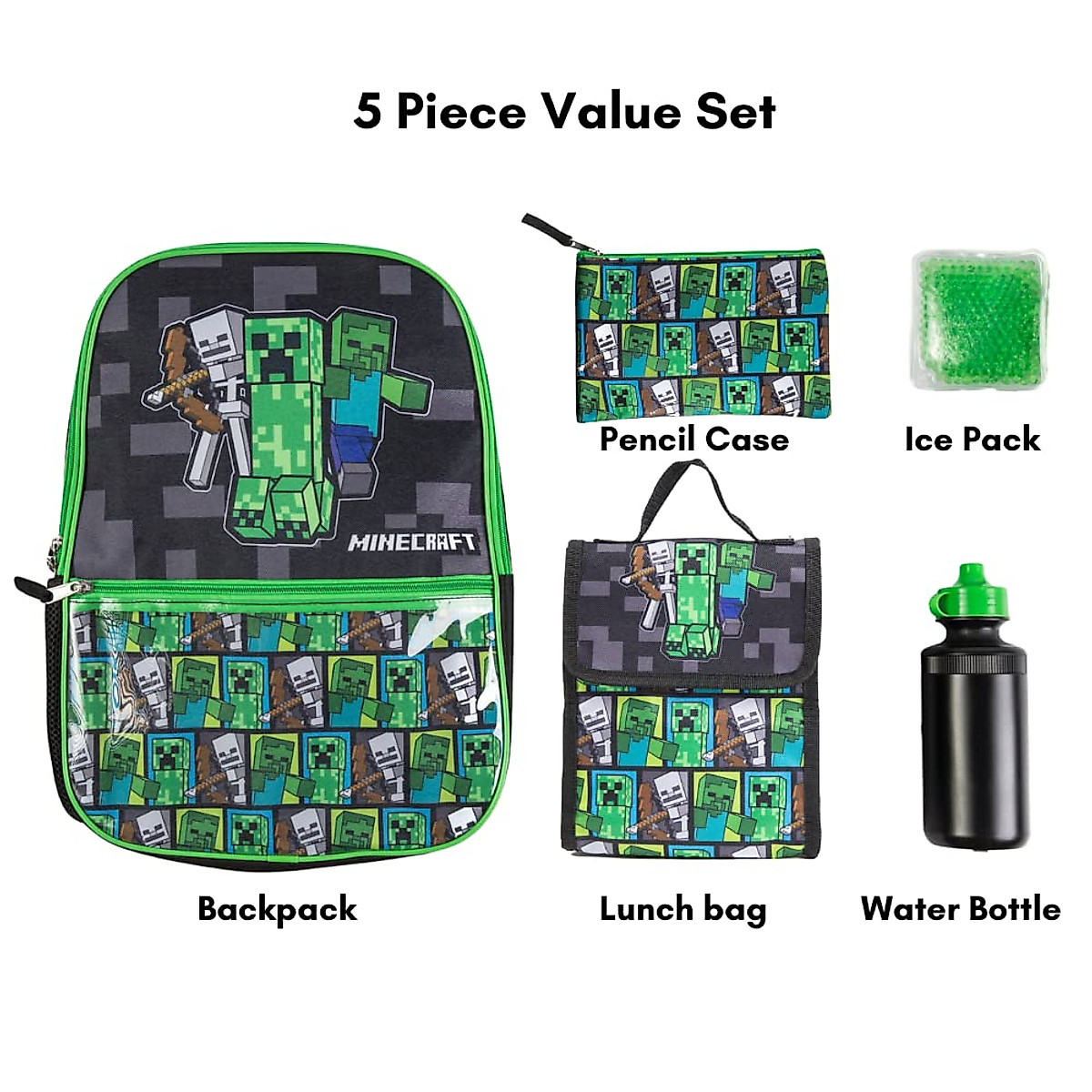 RALME Minécraft Backpack Set with Lunch Box for Boys & Girls, 16 inch, 5 Piece Value Set