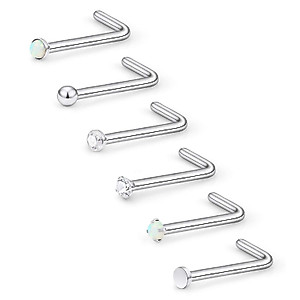 Lcolyoli 22G Stainless Steel Nose Rings L Shaped Stud Piercing Jewelry for Women 1.5mm CZ Opal Ball Inlaid