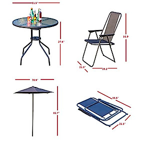 ALLINLIFE 6 PCS Outdoor Patio Furniture Set with Umbrella 4 Folding Chairs & Glass Table Garden Patio Table and Chairs Dining Set for Bistro,Deck,Black (Round Table Set)