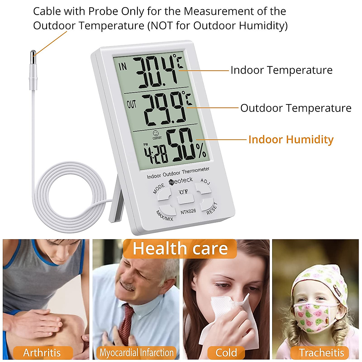 Neoteck 3 in 1 Thermometer Hygrometer with Clock Large LCD Display, Digital Humidity Temperature Meter 1.5m Sensor Wire for Indoor Outdoor Use