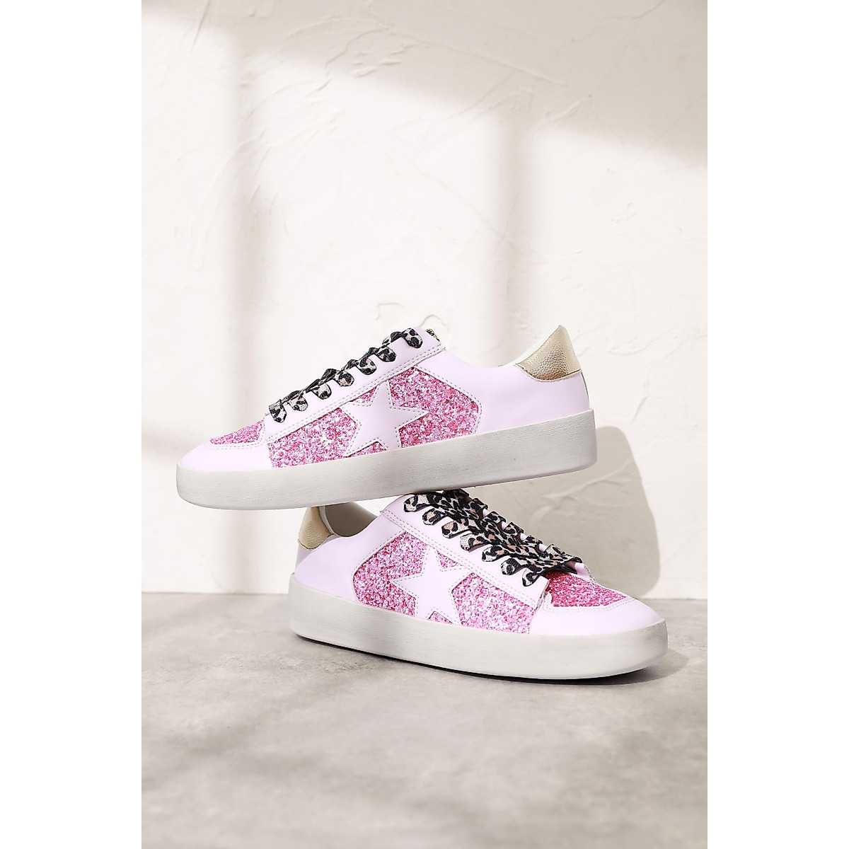 Mi.iM Alex Rubber Sole Lace-up Glitter Leather Star Sneakers (7.5, Pink)