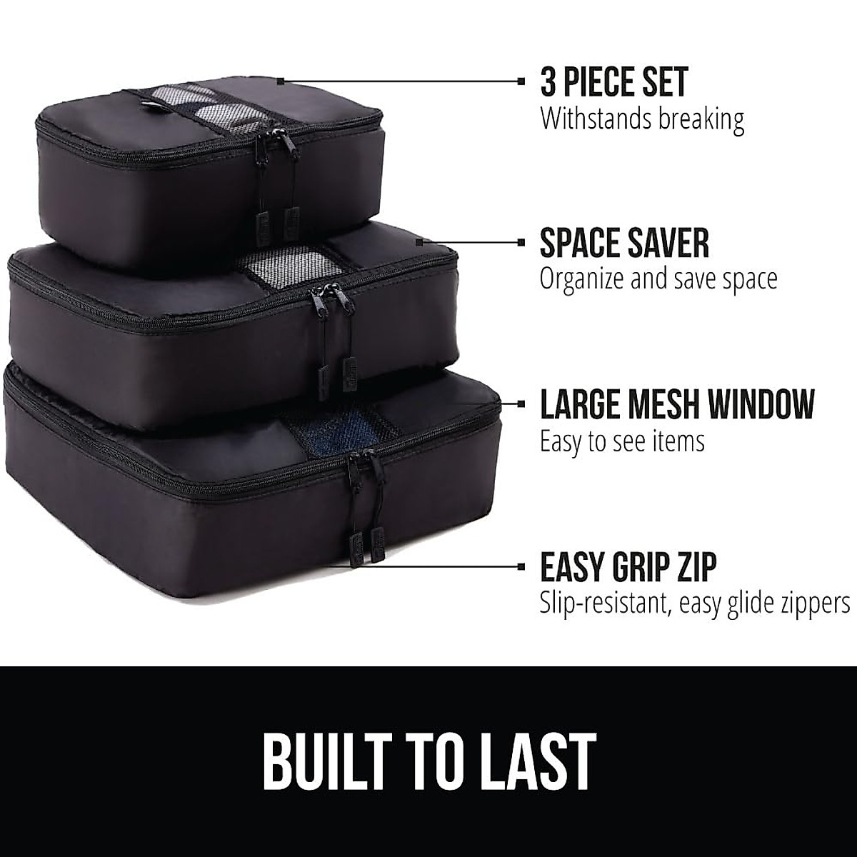 GORILLA GRIP Packing Cubes, Travel Essentials for Suitcase, Mesh Organizer Bags for Clothes Toiletries Shoes and Laundry, Luggage and Carry On Airplane Accessories, Traveling Must Haves, 3 Set Black