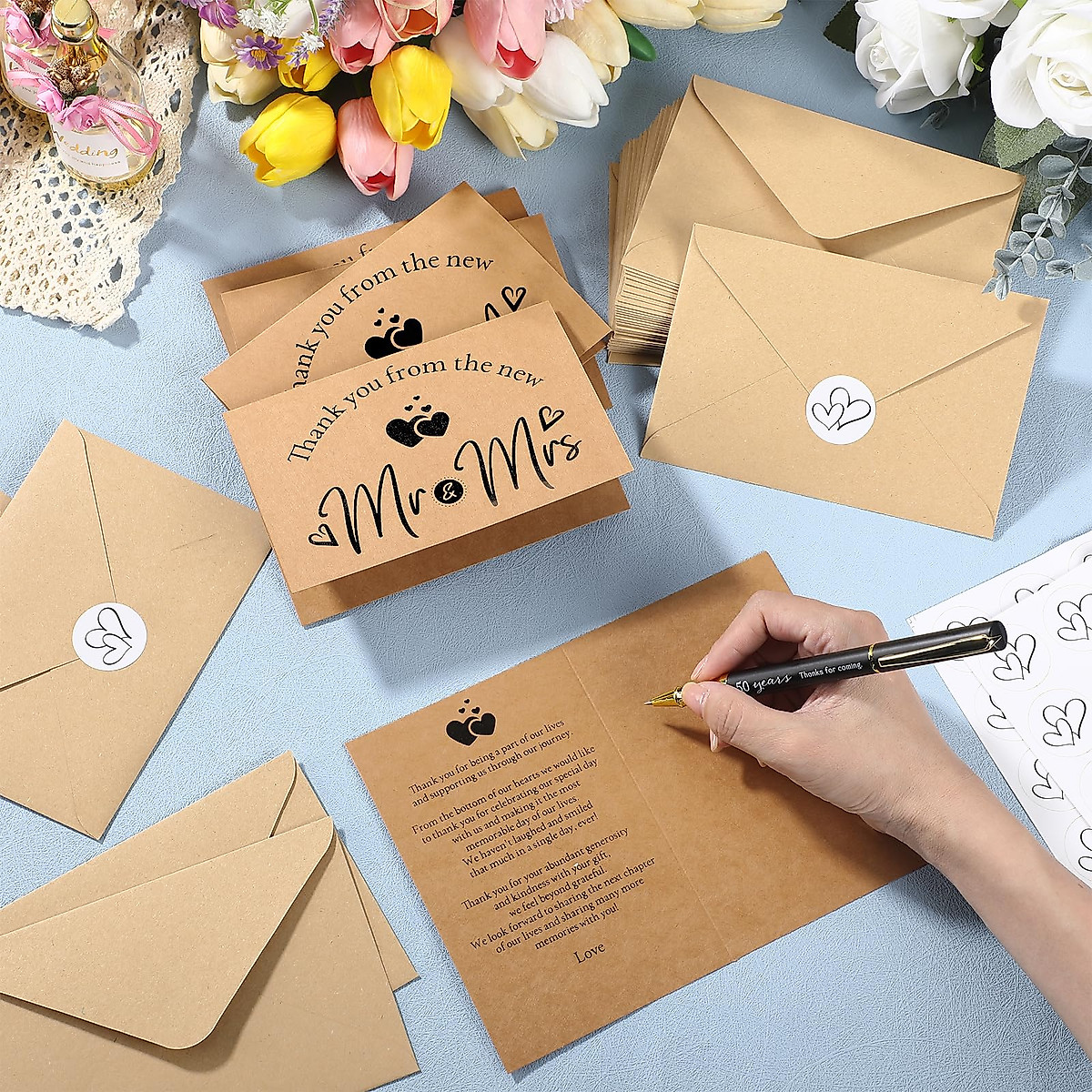 Spakon 100 Sets Wedding Thank You Cards with Envelopes and Stickers Wedding Themed Kraft Paper Thank You Card with Message Inside Mr and Mrs Thank You Notes for Bridal Shower Anniversary Guests