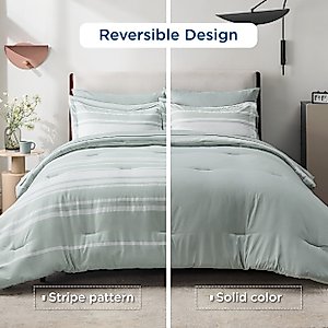 Bedsure Twin Comforter Set 5 Pieces, Sage Green Striped Bedding Set for Twin Size Bed Reversible, Cationic Dyeing Bed in a Bag with Comforter, Sheets, Pillowcase & Sham