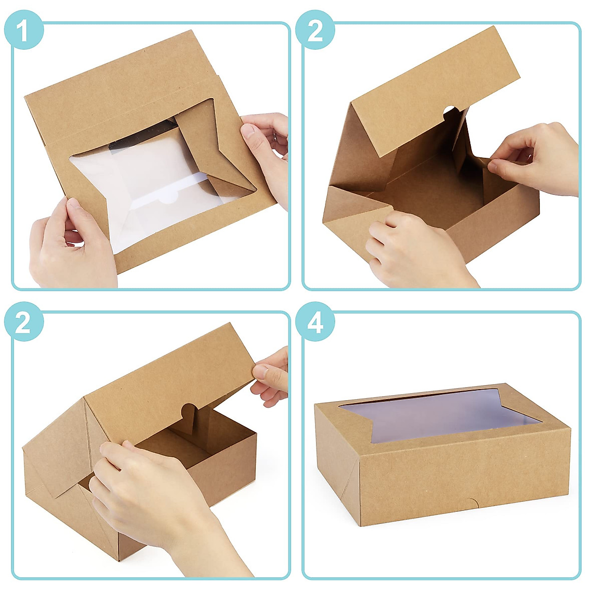 Eupako Cookie Boxes with Window 8x6x2.5 Inhces, 24pcs Auto-Popup Brown Treat Boxes for Bakery, Donuts, Candy, Pastry,Cupcakes, Biscuits, Chocolate Strawberries