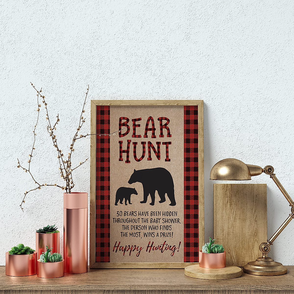 Lumberjack Scavenger Bear Hunt Baby Shower Game - Lumberjack Fun Activities and Decorations - Includes 1 (8.5x11 inches) Sign and 30 (2 inches) Bear Stickers