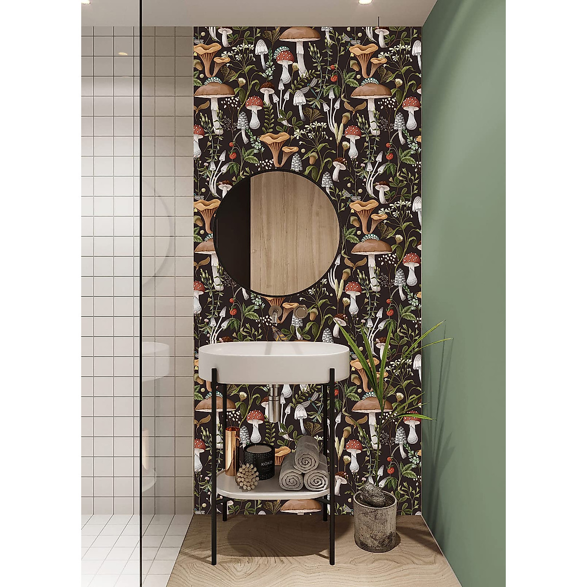HAOKHOME Peel and Stick Wallpaper Boho Mushroom Removable Stick on Forest Contact Paper for Bathroom Black/Brown/Green 17.7in x 32.8ft