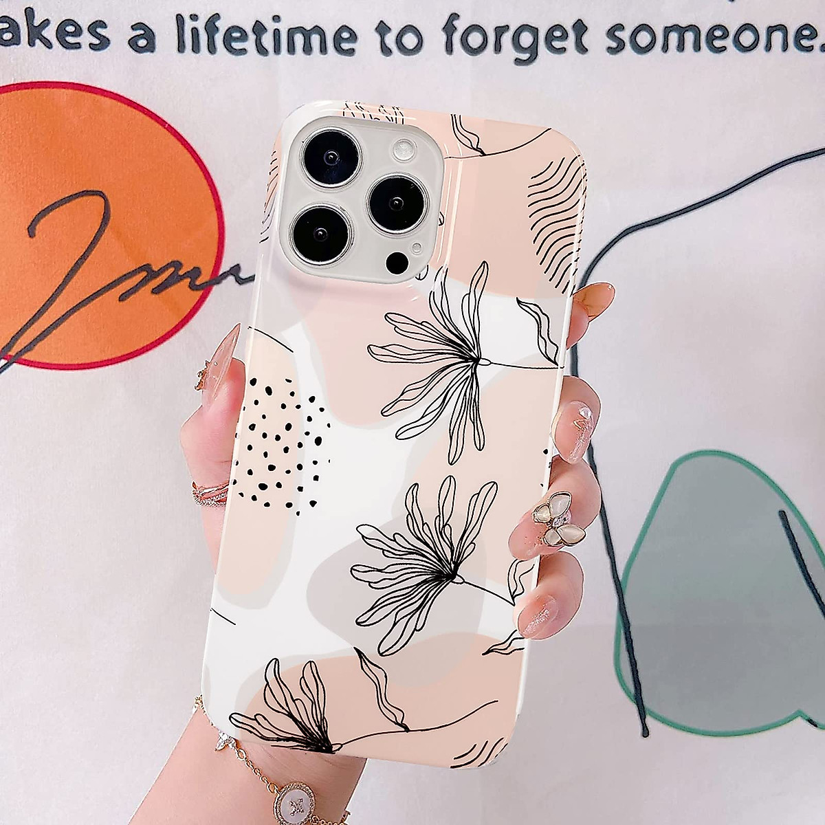 J.west Design for iPhone 13 Pro Max Case 6.7",Aesthetic Minimalist Boho Modern Abstract Prints Slim Geometric Line Plant Floral Pattern Pink Soft TPU Shockproof Cover Protective Phone Case for Women