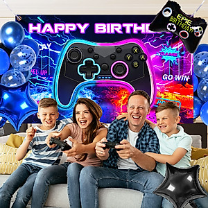 MOMOHOO Video Game Birthday Party Decorations Supplies - 151PCS Gamer Birthday Decorations for Boys Including Happy Birthday Backdrop, Tablecloth, Balloons, Foil Balloons, Stickers