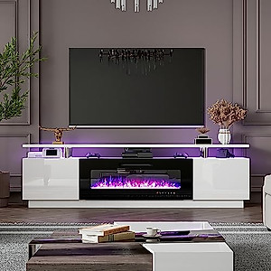LUXOAK 80" Fireplace TV Stand, Modern High Gloss Finish Media Console with 40" Electric Fireplace, Open Storage Entertainment Center for TVs Up to 90" with LED Lights, White