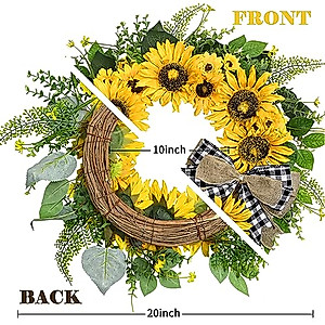 Waipfaru Sunflower Wreaths for Front Door, 20'' Sunflower Door Wreath with Welcome Sign and Bow, Spring Summer Wreath for Farmhouse Front Porch Patio Window Decor