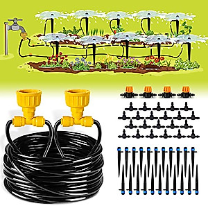 HIRALIY 91.8FT/28m Drip Irrigation Kits for Plant, Patio Watering System for Flower Beds, Automatic Irrigation Equipment Set for Garden Fruit Orchards and Shrubs, 1/4" Drip tubing and Two-ways Adapter