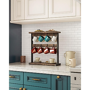 OROPY Wood Coffee Mugs Holder for Counter with 16 Hooks, 2 Tier Mugs Tree with Top Storage Shelf, Vintage Countertop Mug Rack Stand for Home Coffee Bar Storage and Display