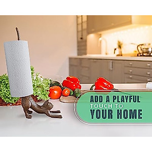 Yoga Cat Decorative Paper Towel Holder or Toilet Paper Holder by Comfify - Adorable “Downward Dog” Pose Kitty- Cast Iron Paper Towel Stand - Antiqued Cast Iron Storage - Multiple uses - 19” Tall.