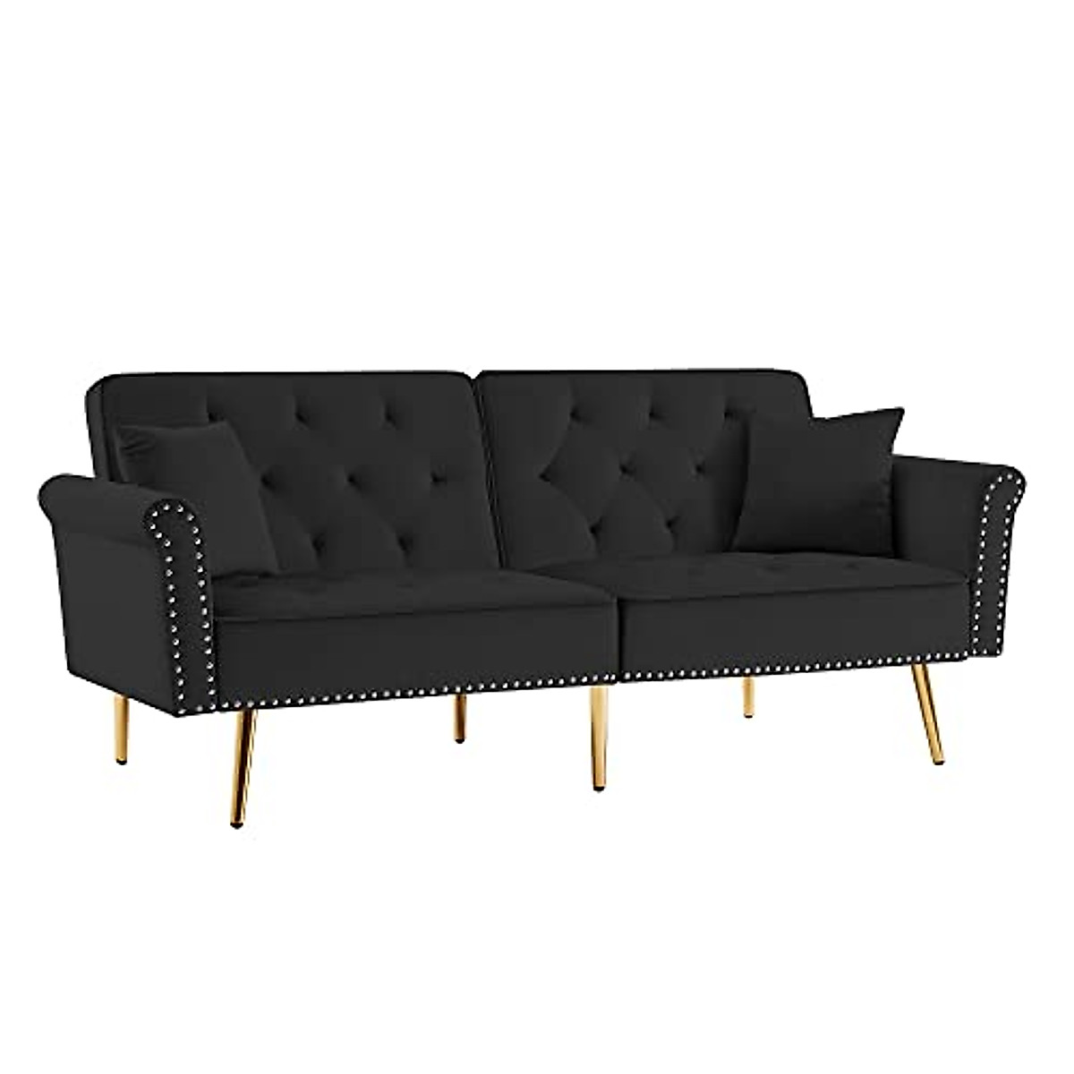 Zushule Futon Sofa Bed -Velvet Tufted Convertible Couch with 2 Pillows, Nailhead Trim, and Metal Legs- - Small Sofabed for Bedroom, Living Room, Apartment - Black with Gold Detail