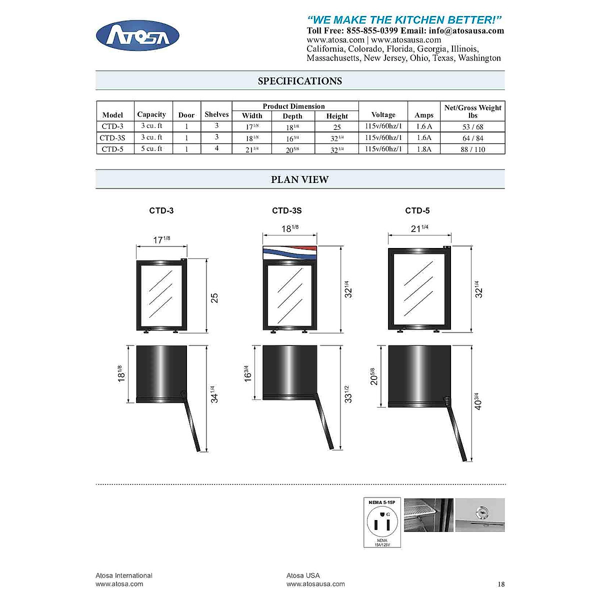 Atosa CTD-3 17 1/4" Countertop Reach-in Glass Merchandiser Display Refrigerator for Cafeteria Deli Convenient Stores | LED Lighting, 1-Swing Door, 3-Shelf, 2.4 Cu Ft Capacity | Black Coated, 115v