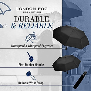 London Fog Mini Rain Umbrella, Automatic Folding Umbrella, Windproof, Lightweight and Packable for Travel, Full 42 Inch Arc, Black