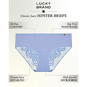 Lucky Brand Women's Underwear - Microfiber Lace Hipster Briefs (3 Pack), Size Large, Indigo/Blue/Silver Scone