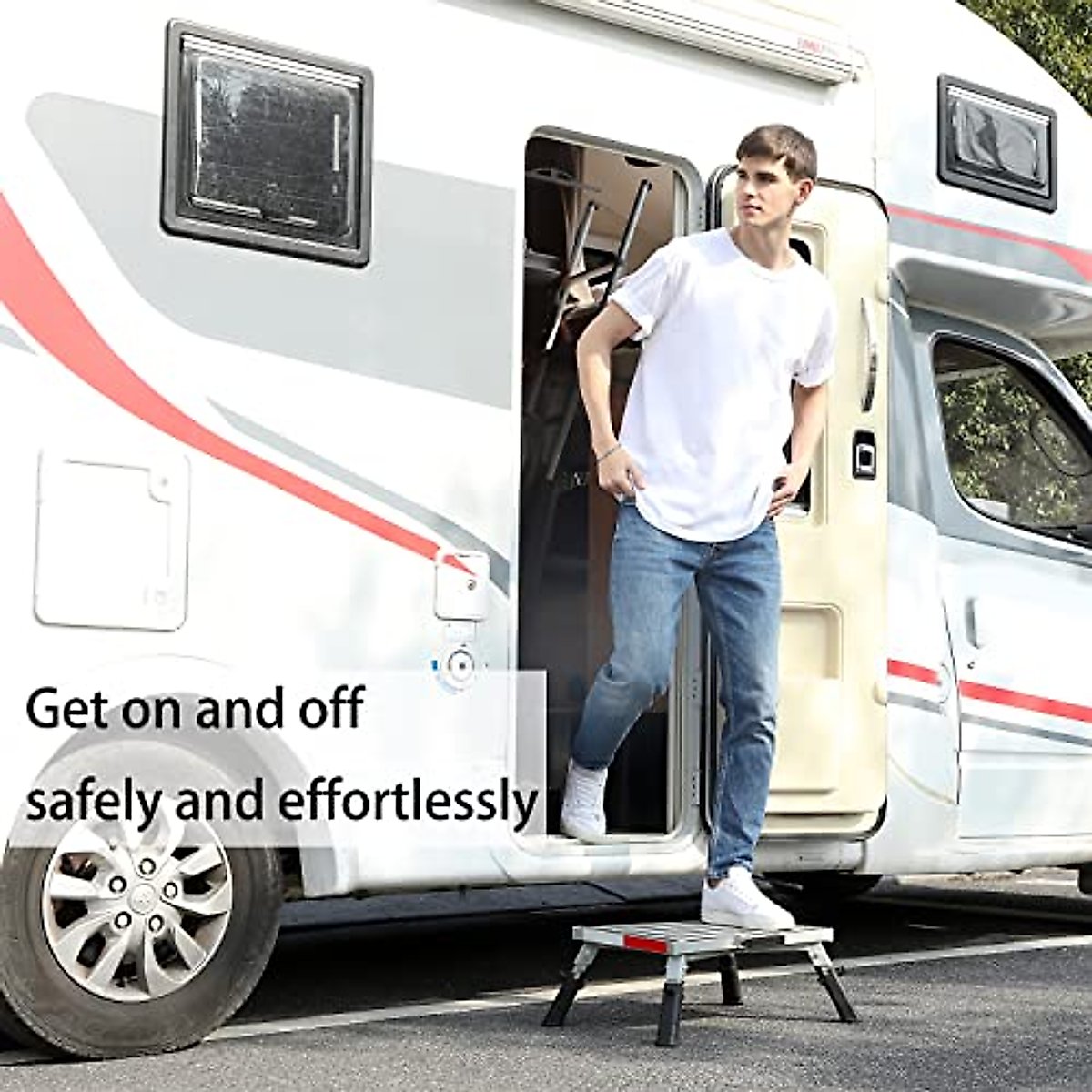 Homeon Wheels 19" x 14.5" Large RV Step Stool, 1,500lbs Adjustable Height Aluminum Folding Platform Step Sheath Non-Slip Rubber Feet, Reflective Stripe, Handle, RV T Level RV Steps
