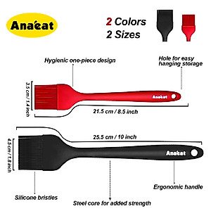 Anaeat 2 Pack Silicone Basting Pastry Brushes - Heat Resistant Brush with Soft Bristles, Hygienic One Piece Design, Marinade Brush Great in Baking for Spreading Oil Butter Sauce BBQ Grill