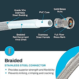 Eastman 24 inch Steel-Flex Braided Faucet Connector, 1/2 Inch FIP x 3/8 Inch Compression, Stainless Steel Faucet Supply Line, 48006