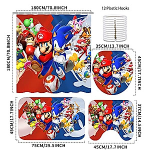 YQPBZCHH 4 Piece Cartoon Shower Curtain Sets with Non-Slip Rug,Toilet Lid Cover and Absorbent Carpet Bath Mat,Durable Waterproof Shower Curtain with 12 Hooks for Bathroom (B)