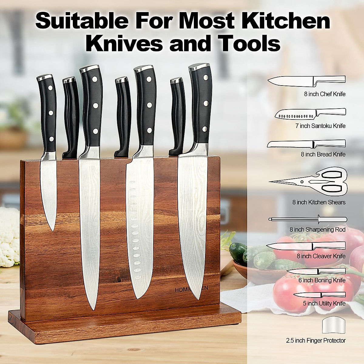 Magnetic Knife Block, Double Sided Magnetic Knife Holder Rack with Strong Enhanced Magnets, Acacia Wood Magnetic Knife Storage Stand with Stainless Steel Finger Protector