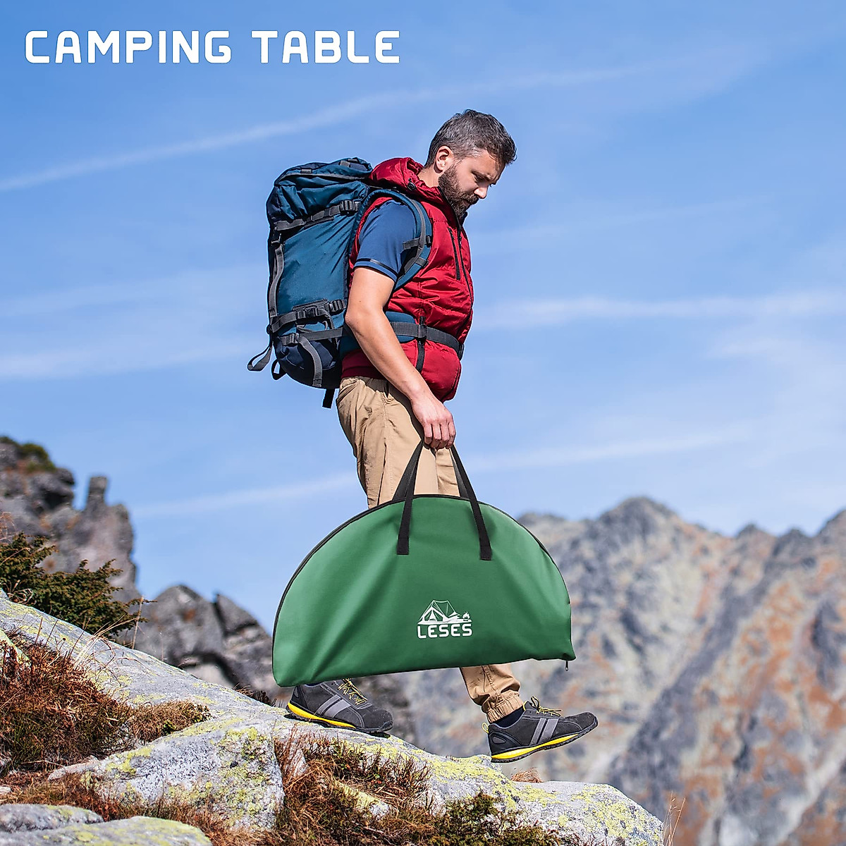 LESES Portable Beach Table, Folding Picnic Table with Carry Bag for Outdoors Fold Up Lightweight Camping Table with 4 Cup Holder, Travel Camping Tables for Party, Hiking, Fishing, Tailgating