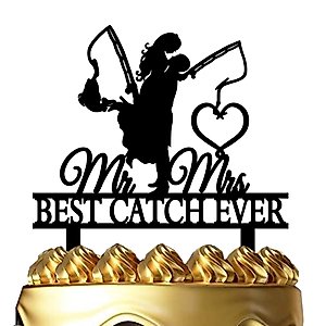 Funny Fishing Wedding Cake Topper - Best Catch Ever - Groom Hugging Bride Fishing Couple Cake Topper, Mr&Mrs Wedding Cake Topper (Fishing Couple)