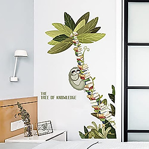Sloth Hanging on The Books Tree Wall Decals Decor, Large Book Tree of Knowledge Vinyl Wall Stickers, Removable Coconut Tree Plants Wall Mural for Reading Room Classroom Bedroom, 31.5”x51.2”