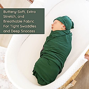 Milkmaid Goods Baby Swaddle Blanket & Matching Headwear Set, Newborn Receiving Blanket, Gender Neutral, Buttery Soft & Breathable Fabric, Large W/Extra Stretch for Easy Wrapping (Hat, Hunter)