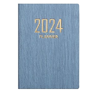 Saterkali 2024 Planner - A7 English Planner A6 Dazzling Color Imitation Leather Hardcover 180 Pages Inkproof Paper Mini Diary Notebook Student Supplies Blue
