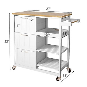 NSdirect Kitchen Island Cart,Industrial Kitchen Bar&Serving Cart Rolling on Wheels Utility Storage Trolley with 3-Tier Wine Rack Shelves&Three Storage Drawers,Soild Rubber Wood Top,White