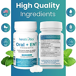 Oral Probiotics for Better Breath, Gingivitis, Strep Throat, Tonsil Stones, ENT - 6 Bn CFU Oral Probiotics with Lactobacillus Reuteri, L. Plantarum & BLIS K12-45 Chewable Tablets