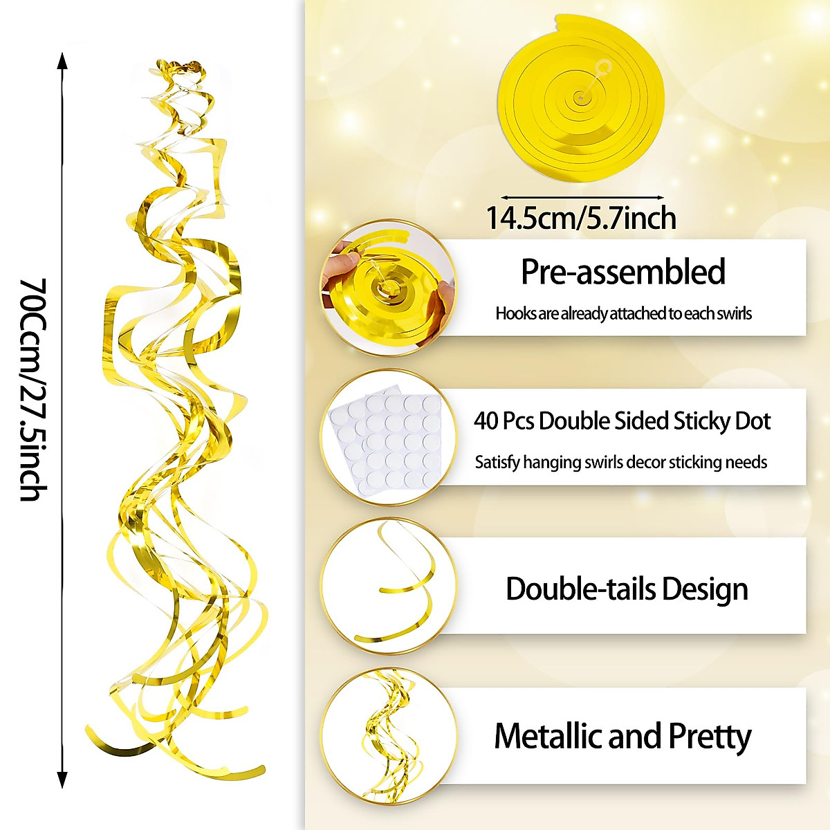 ORG 36 Pieces Party Ceiling Foil Swirl Decorations Hanging Plastic Streamer, Whirls Decorations for Wedding,Birthday,Graduation,Valenties Day,New Year,Baby Shower Party Decor (Gold)