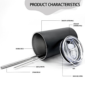 16 Pack Tumblers Blanks Bulk Skinny Straight Tumbler Stainless Steel Double Wall Insulated Water Bottles with Lid & Straw for DIY Gift, 12oz Black