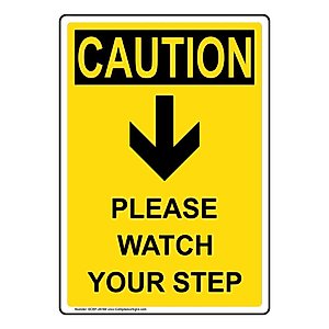 ComplianceSigns.com Vertical Caution Please Watch Your Step OSHA Label Decal, 5x3.5 inch 4-Pack Vinyl for Industrial Notices