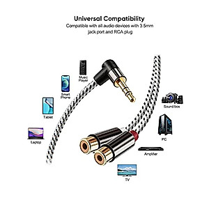 CableCreation 3.5mm to 2RCA Female Cable, 3ft Angle 3.5mm Mini-Jack to RCA Stereo Audio Y Cable Gold Plated, Compatible with iPhone,iPod,MP3,Tablets,HiFi Stereo System, Speaker Black and White/0.92m