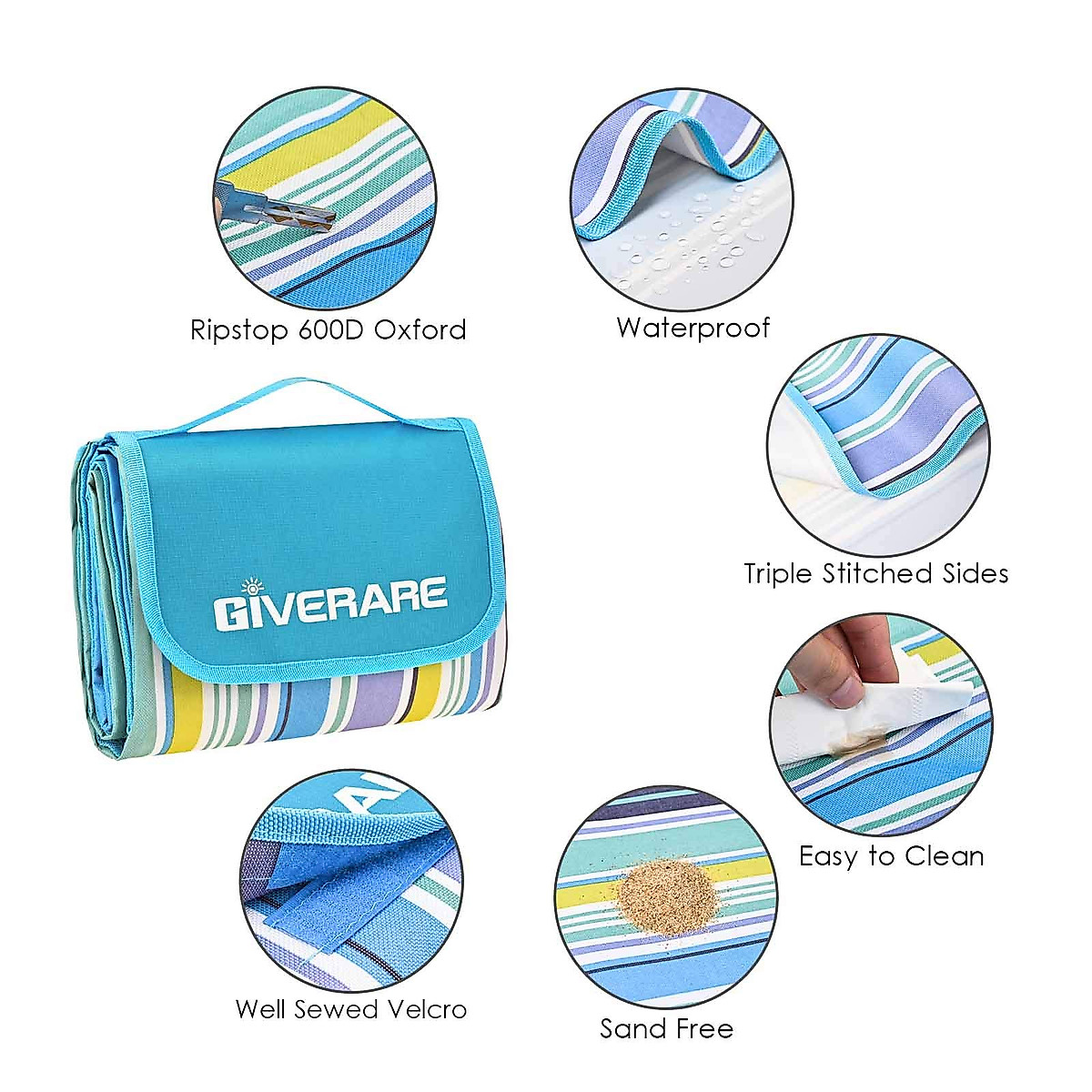 GIVERARE Picnic Beach Blanket, XL Sandfree Waterproof Outdoor Camping Blanket, Quick Drying Oxford Family Mat, Portable Extra Large Picnic Mat for Travel, Hiking, Music Festival, Lawn