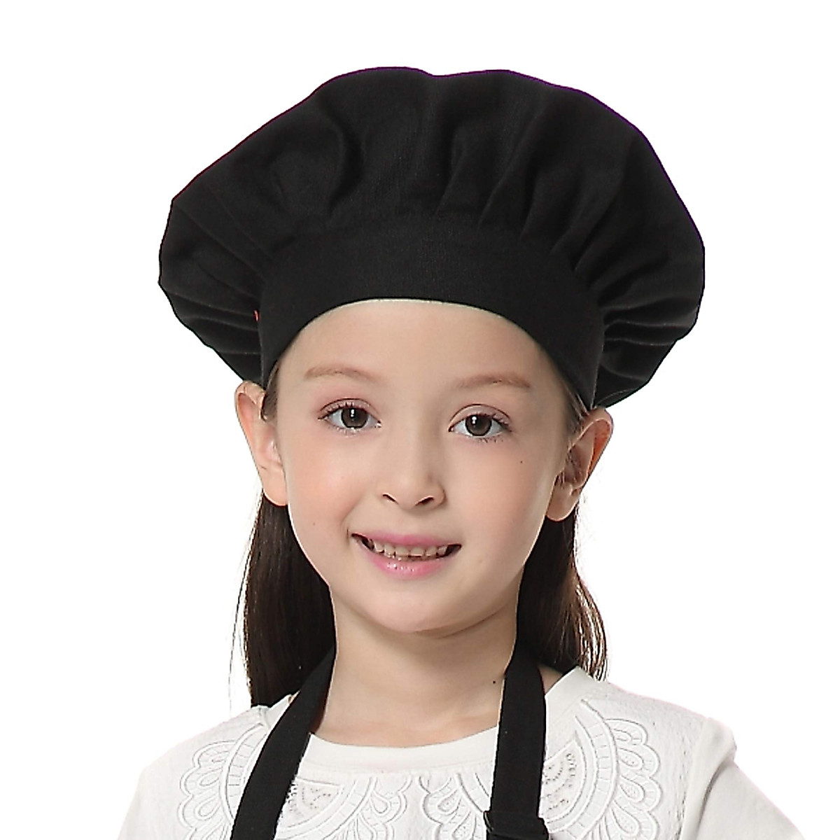 TopTie Chef Hat for Kid & Adult, Cotton Elastic Adjustable Kitchen Cooking Baking Hat-Black-S