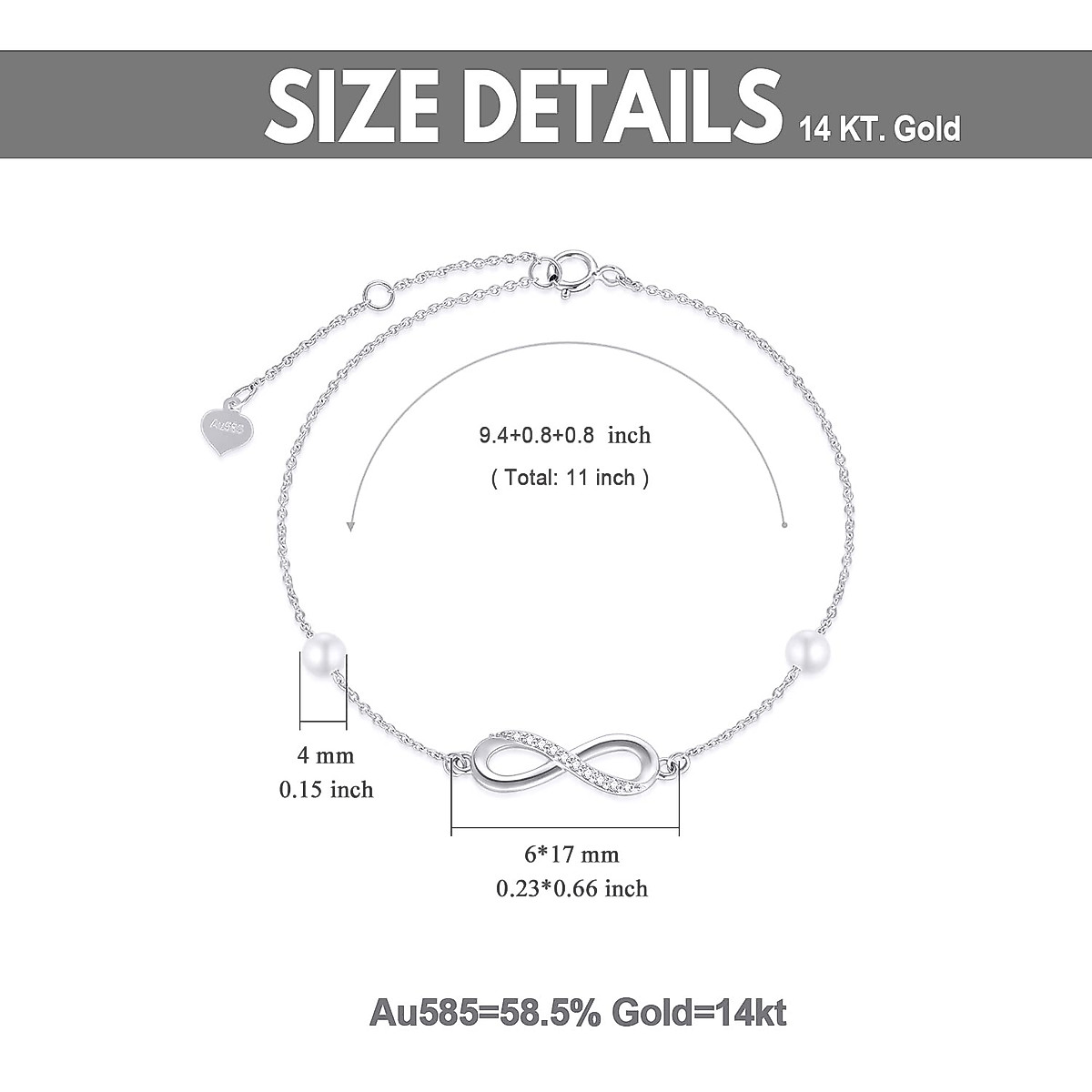 14k White Gold Natural Diamond Infinity Anklets for Women, Real Gold Pearl Jewelry Ankle Bracelet Gifts for Her, 9.4-11 Inch