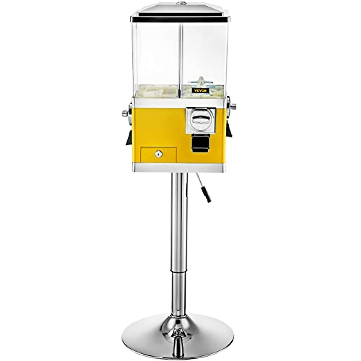 VEVOR Gumball Machine with Stand, Yellow Quarter Candy Dispenser, Rotatable Four Compartments Square Candy Vending Machine, PC & Iron Large Gumball Bank Adjustable Dispenser Wheels for 1" Gumballs