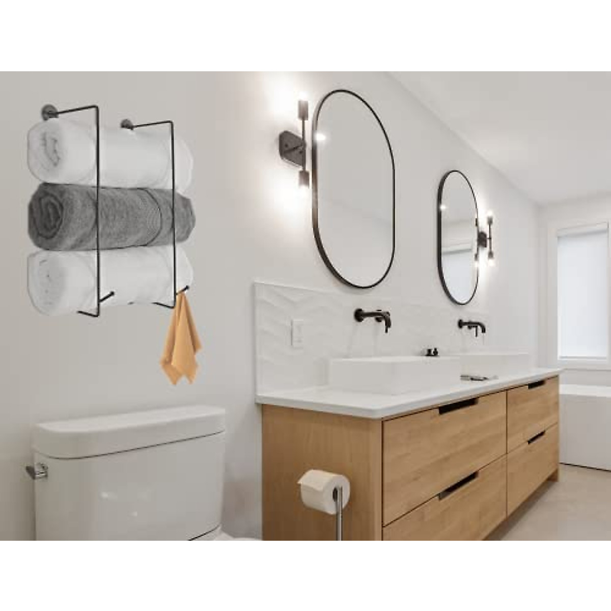 2 Set Towel Rack Holder, Wall Mounted Metal Towel Shelf with Hooks, Minimalist Design Storage Organizer for Towels, Washcloths, Hand Towels, Linens, Yoga Mat, Ideal for Bathroom, Spa, Salon Black