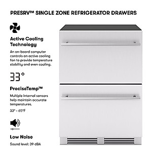 Zephyr Presrv 24 Inch Single Zone Refrigerator Drawers Wine & Beverage Fridge, Stainless Steel Wine Cooler Home Bar Under Counter Freestanding Built In, Energy Star Certified, 5.4 Cu. Ft